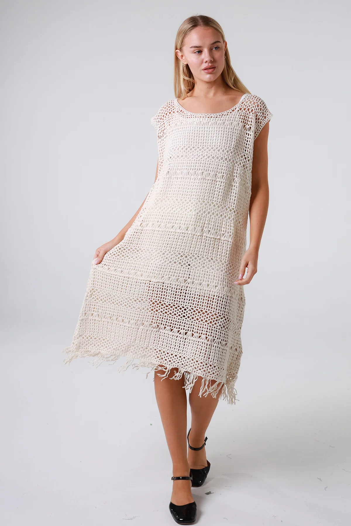 Cream Crochet Maxi Dress With Fringe | The Living Earth Co.